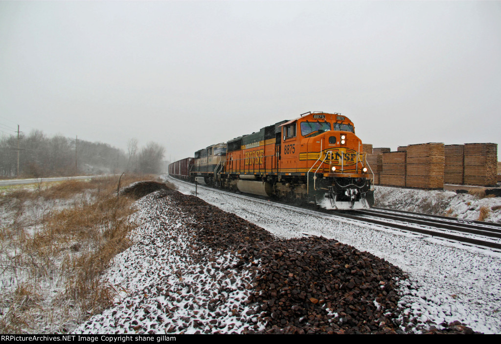 BNSF 8875 Heads into the Snow storm.